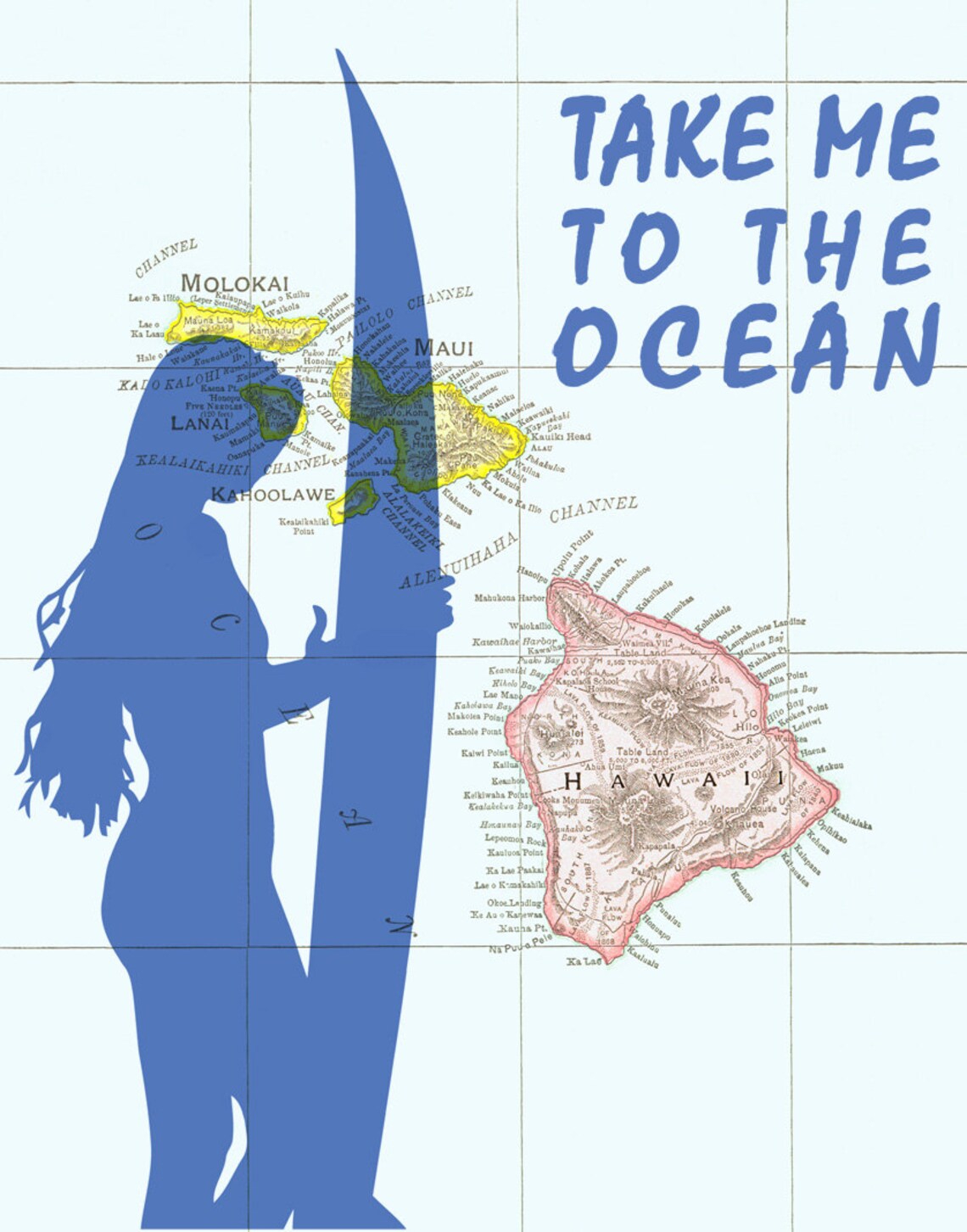 Hawaii Surf Print, Hawaii Surf Map, Surfing Art, Surf Decor, Surf Girl ...