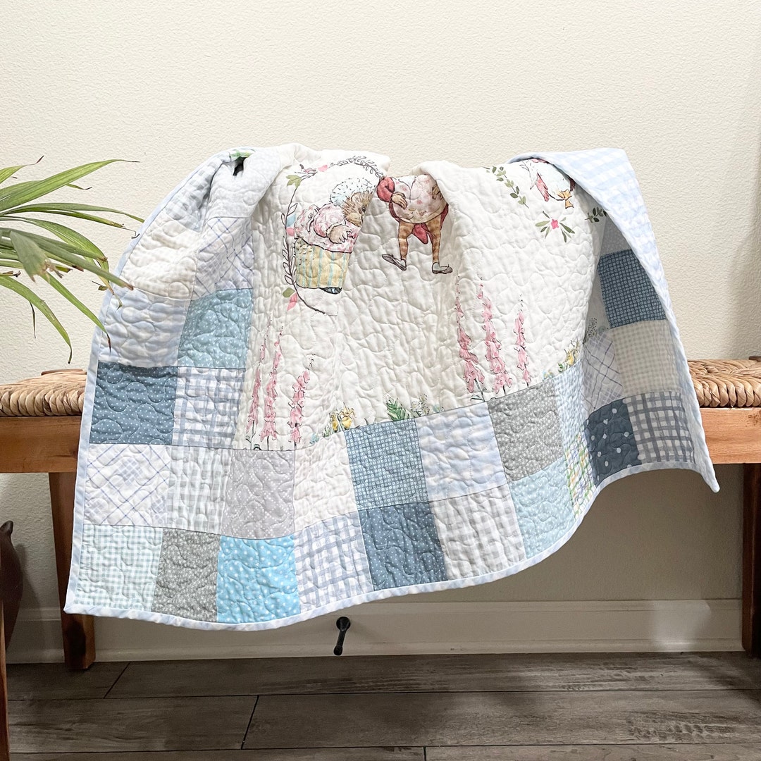 Peter Rabbit Baby Quilt/ Blue Patchwork Baby Quilt/ Ginghams and Dots ...