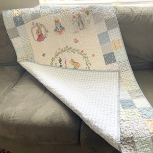 Peter Rabbit Baby Quilt/ Blue Patchwork Baby Quilt/ Ginghams and Dots ...