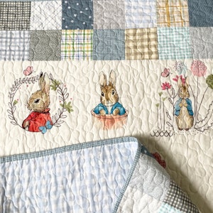 Peter Rabbit Baby Quilt/ Blue Patchwork Baby Quilt/ Ginghams and Dots ...