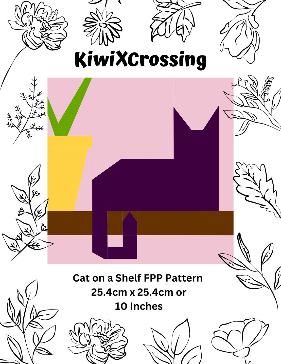 FPP Pattern Cat on a Shelf Foundation Paper Piecing 25.4 X25.4cm or 10 ...
