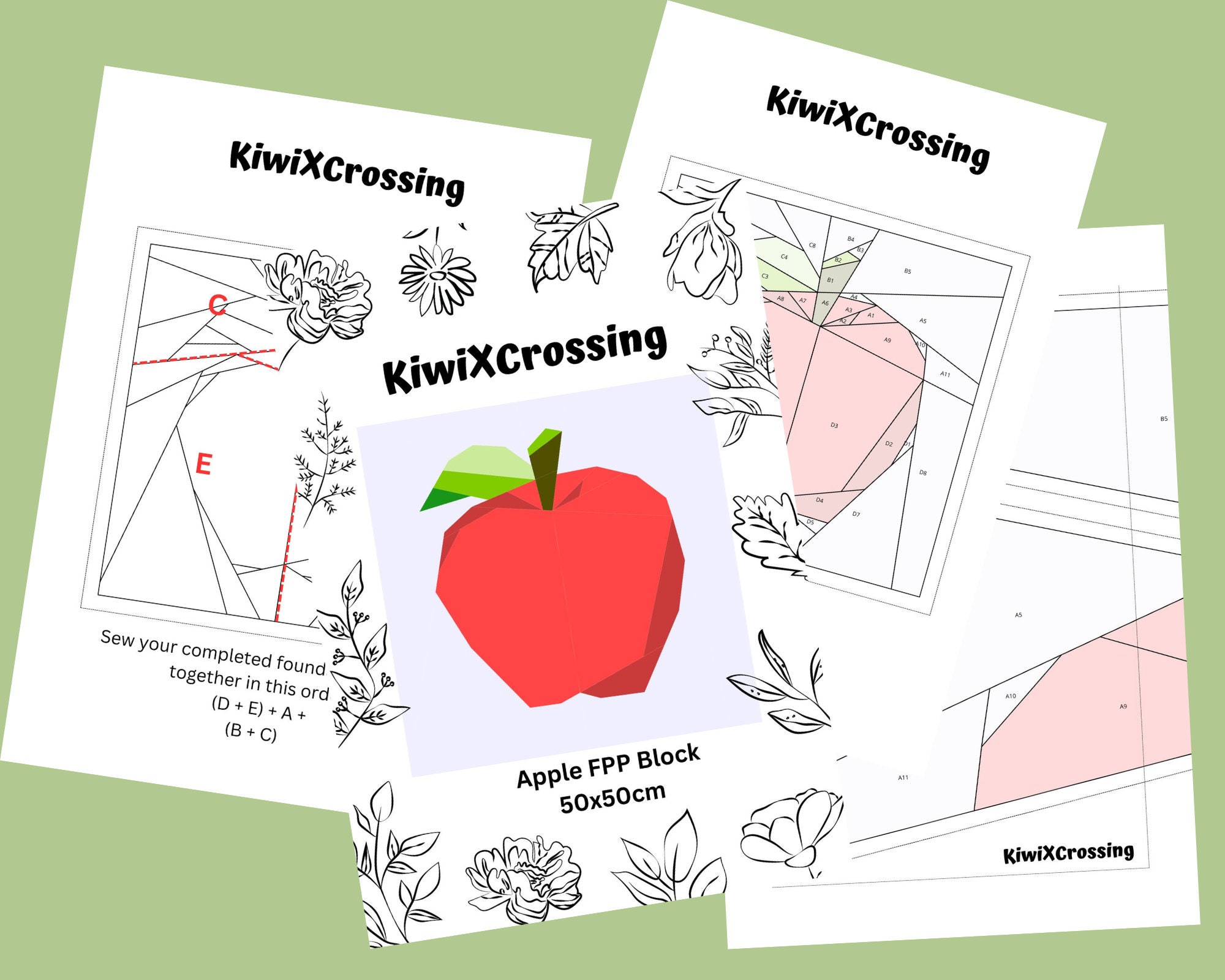 Apple Quilt Block Pattern Foundation Paper Piecing 50 X50 Cm FPP PDF - Etsy