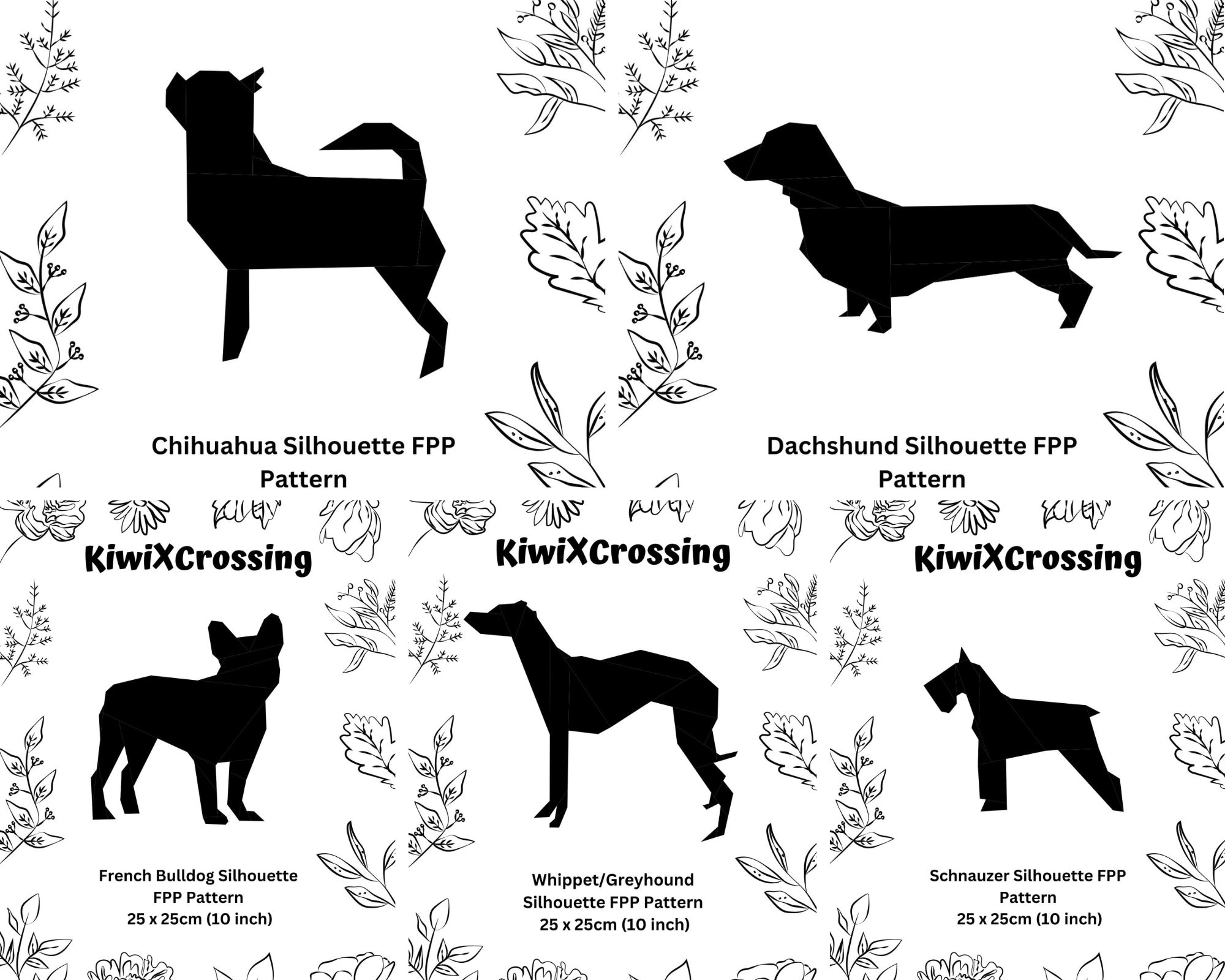 FPP Pattern Bundle 10x Dog Silhouette Foundation Paper Piecing Pattern ...