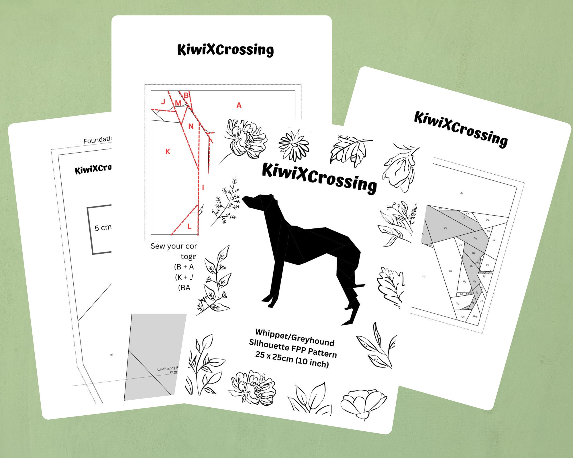 FPP Pattern Whippet Greyhound Dog Silhouette Foundation Paper Piecing ...