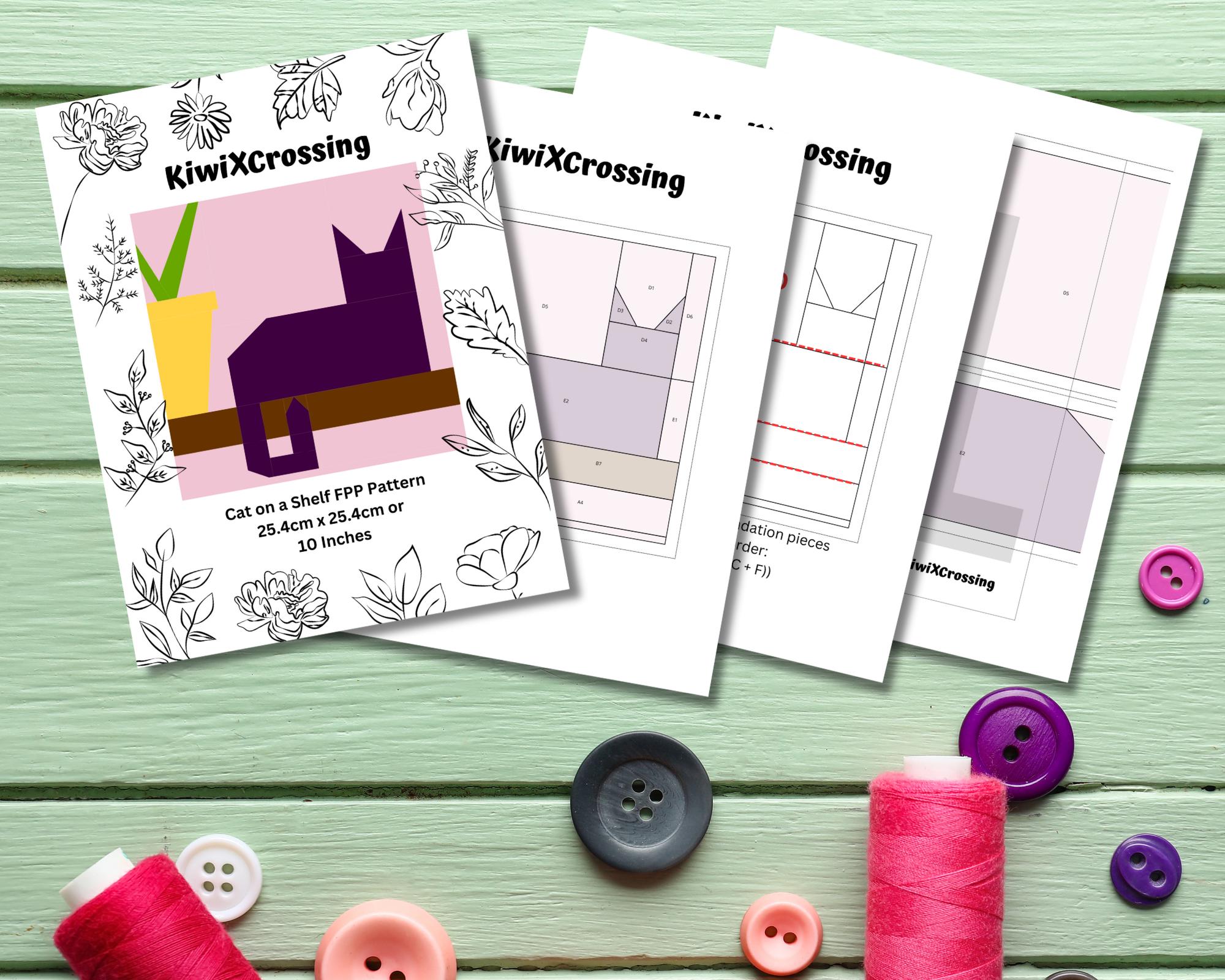 FPP Pattern Cat on a Shelf Foundation Paper Piecing 25.4 X25.4cm or 10 ...
