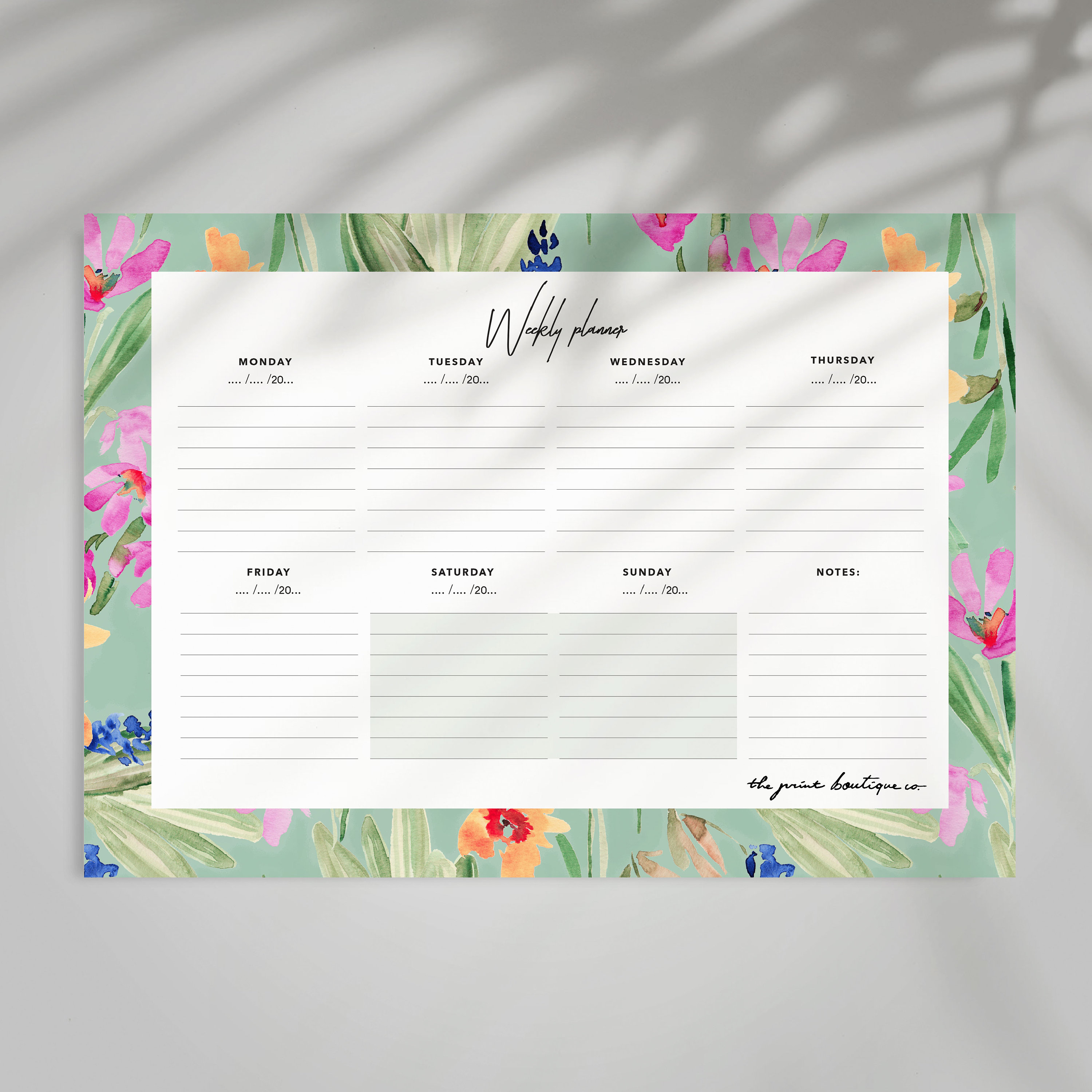 Printable Weekly Planner Digital Week Planner AQUAREL FLOWER MINT - Etsy