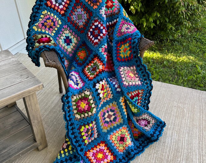 Colorful Boho Granny Square Afghan, Crocheted Vibrant Patchwork Throw ...