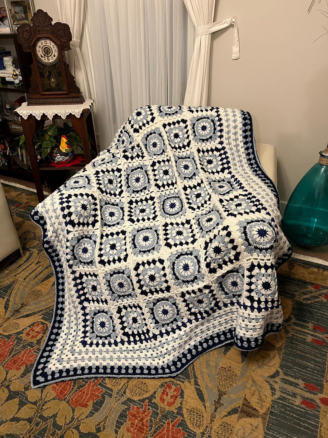 Blue and White Afghan Throw Blanket, Crochet Afghan, Granny Square ...