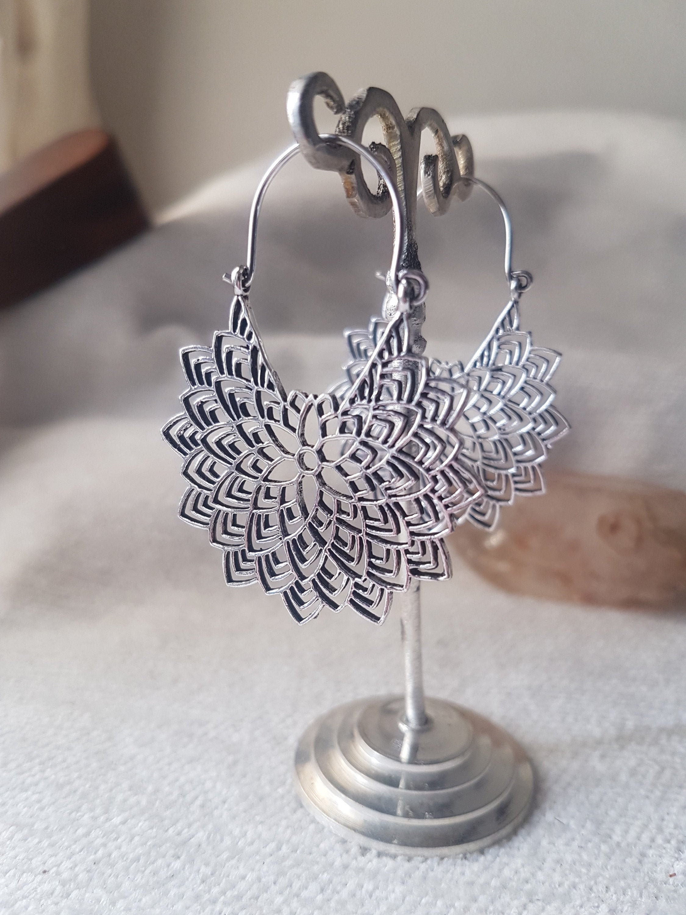Mandala earrings flower earrings geometric jewelry.silver hoop | Etsy