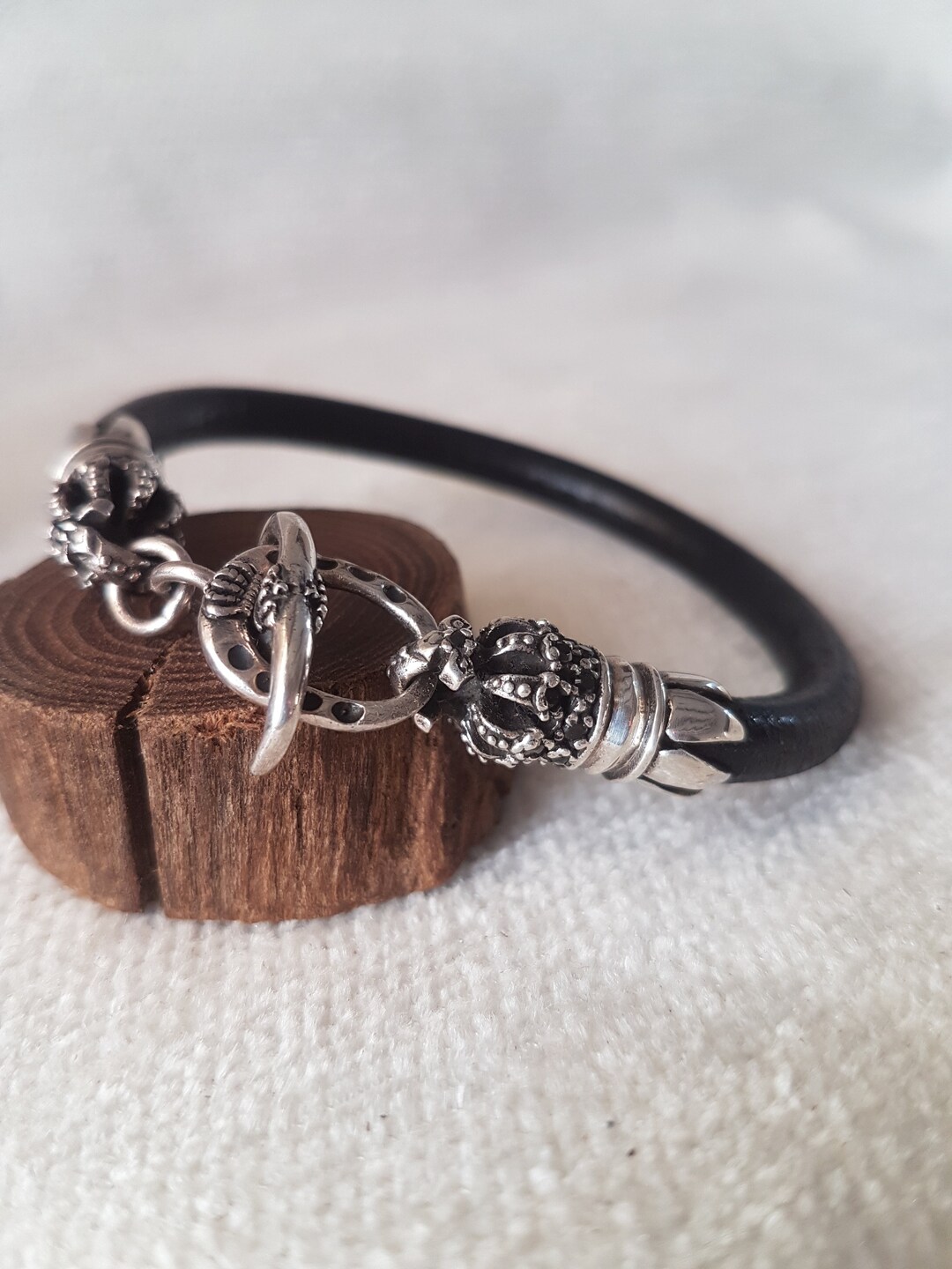 Silver Bracelet Birthstone Leather Bracelet Norse Bracelet Hematite ...