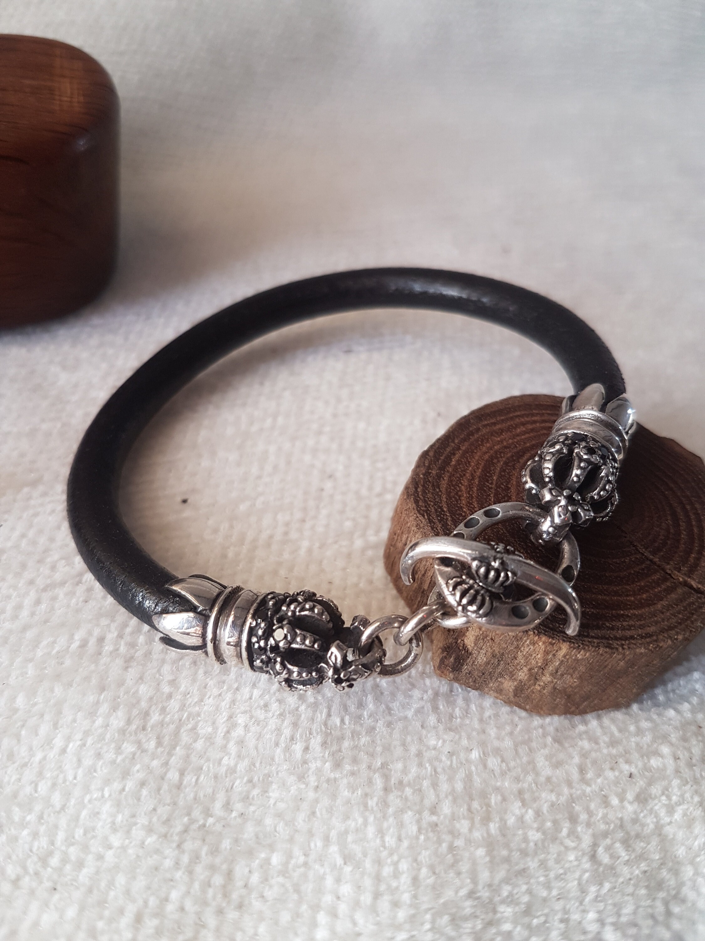 Silver Bracelet Birthstone Leather Bracelet Norse Bracelet Hematite ...