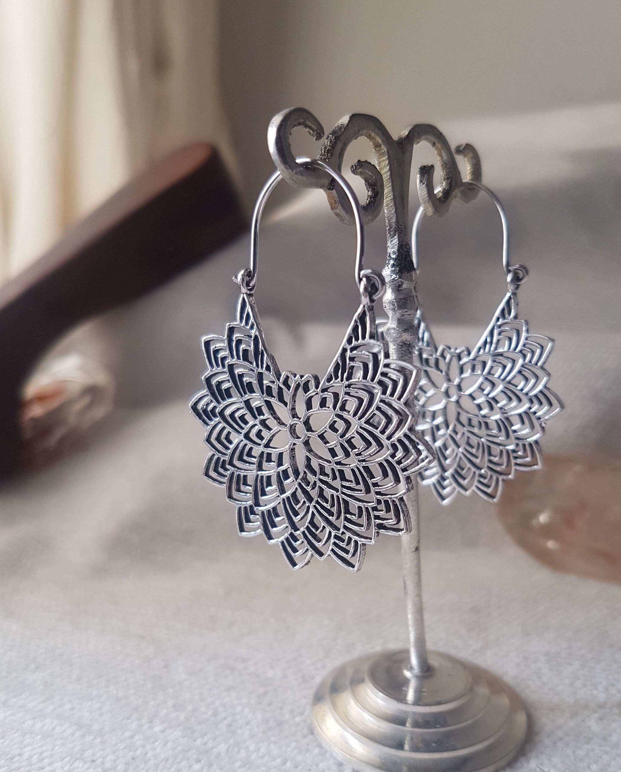 Mandala earrings flower earrings geometric jewelry.silver hoop | Etsy