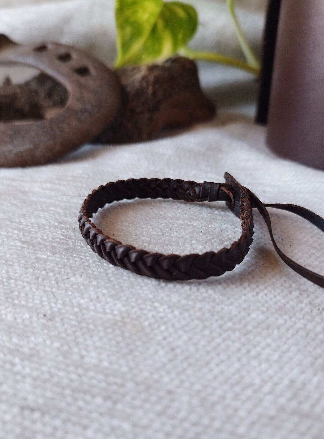 Handcrafted Mens Leather Bracelet Adjustable Boho Style Rustic Bracelet for Couples Norse ...