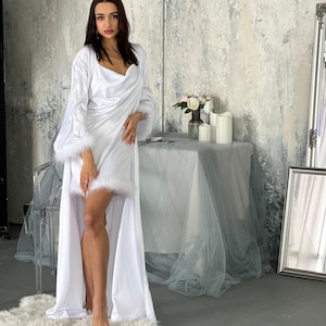 White Set Long Robe With Fur Sleeves and Nightie for Bride, Bridesmaids ...