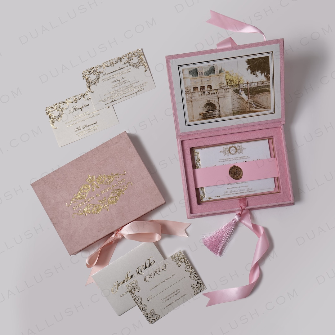Pink Velvet Wedding Invitation Box With Acrylic Invitations, Luxury ...