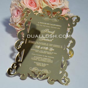 Acrylic Wedding Invitation in Gold Mirror Acrylic With Laser Cut Design ...