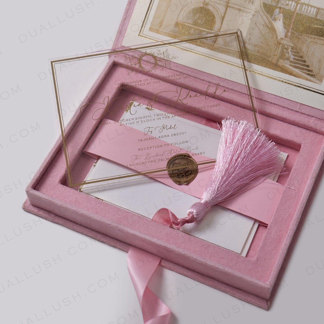 Pink Velvet Wedding Invitation Box With Acrylic Invitations, Luxury ...