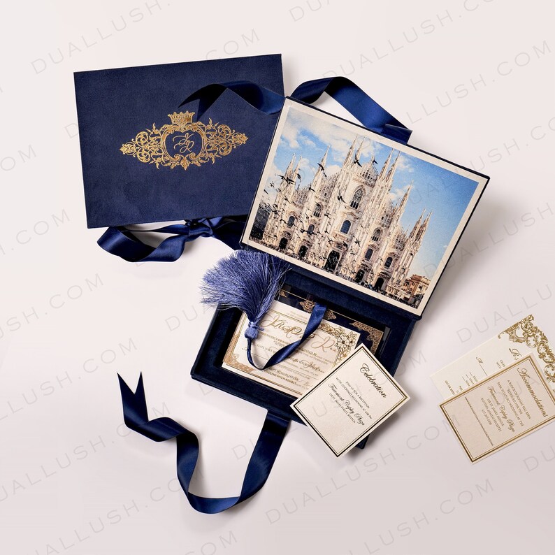 Navy Suede Wedding Invitation Box: Acrylic Invitations, Velvet Invites ...