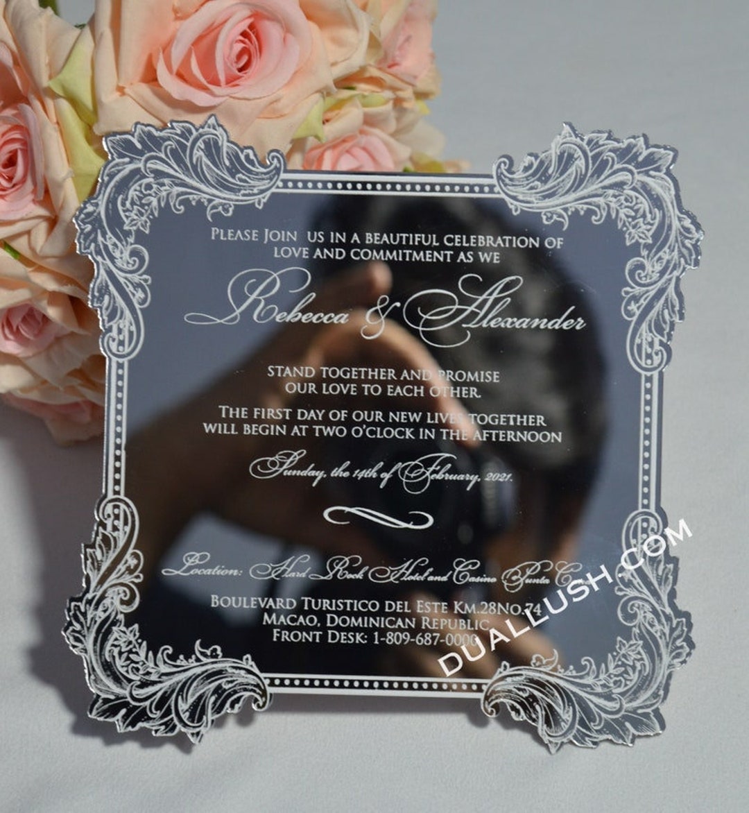 Silver Mirror Acrylic Wedding Invitation With White Font - Etsy