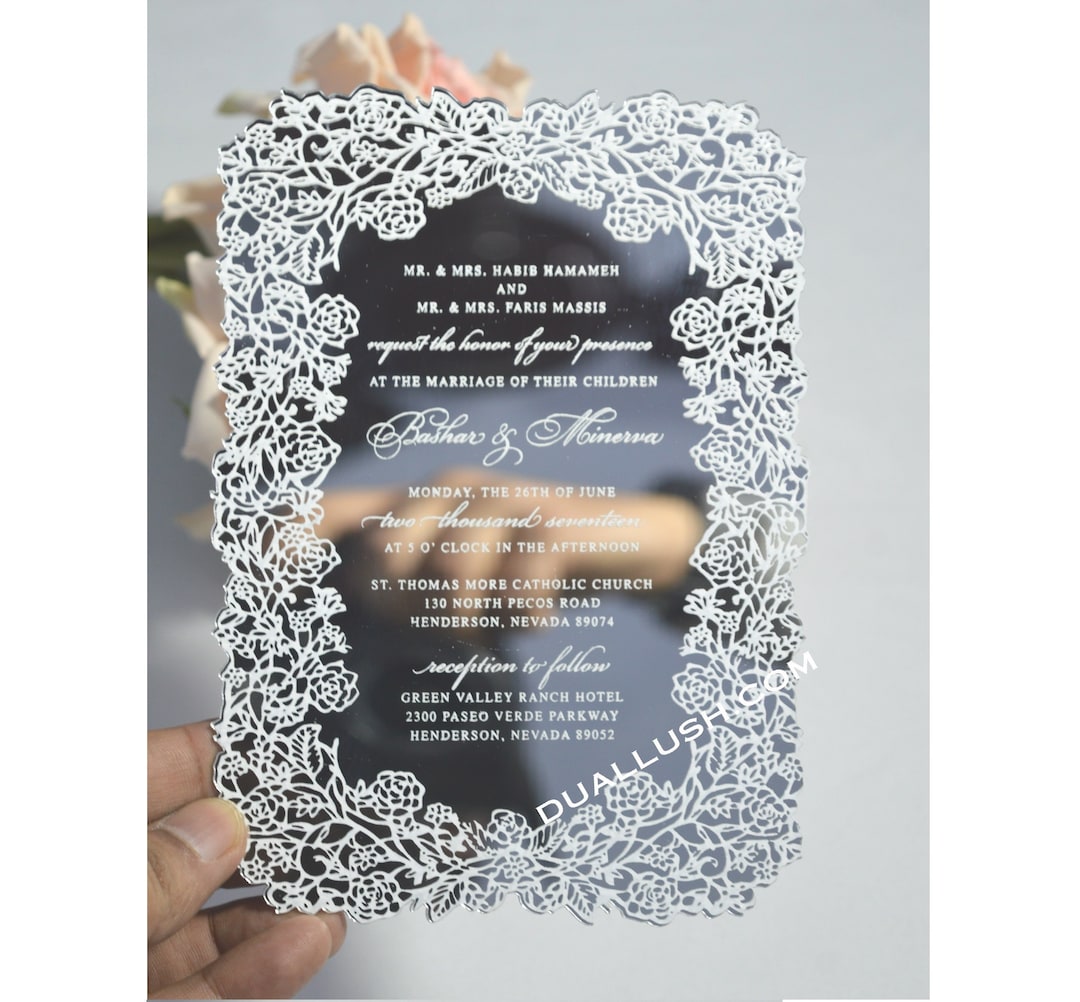 Silver Mirror Acrylic Wedding Invitation: Floral White Print - Etsy