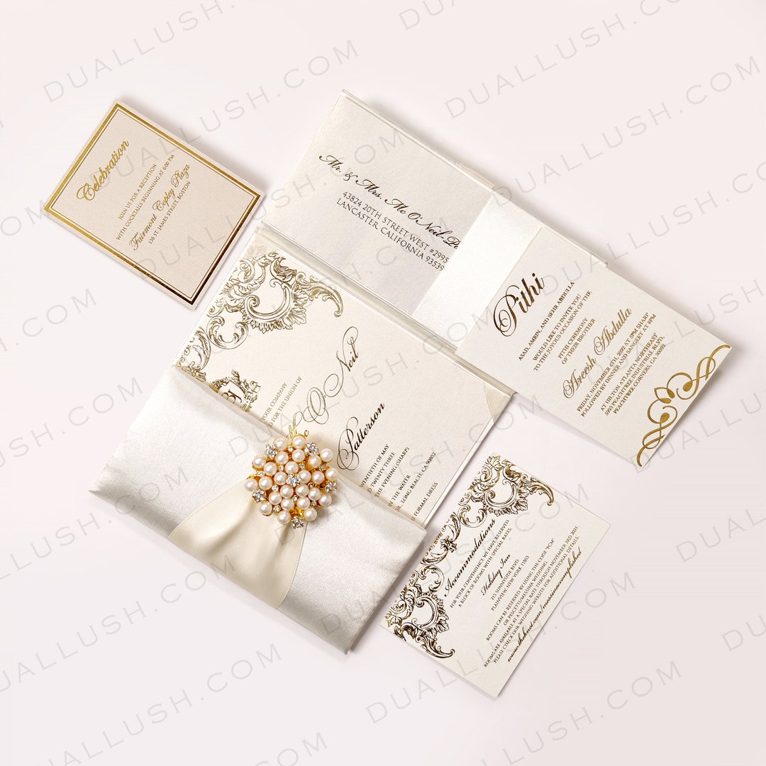 White Pocket Invitation, Satin Folio Wedding Invitation, Pocket Invite ...