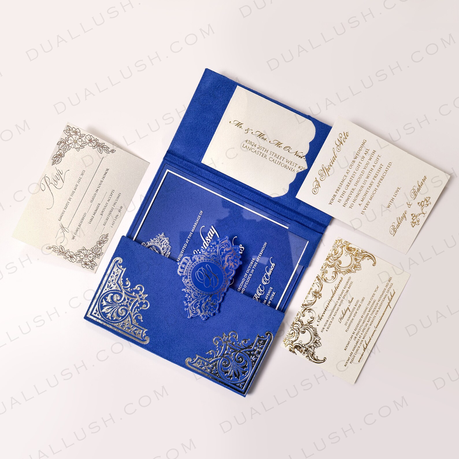Royal Blue Velvet Folio Wedding Invitation: Acrylic Invite & Custom ...