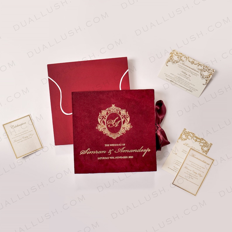 Burgundy Velvet Wedding Invitation Box: Acrylic Invitation, Foil ...