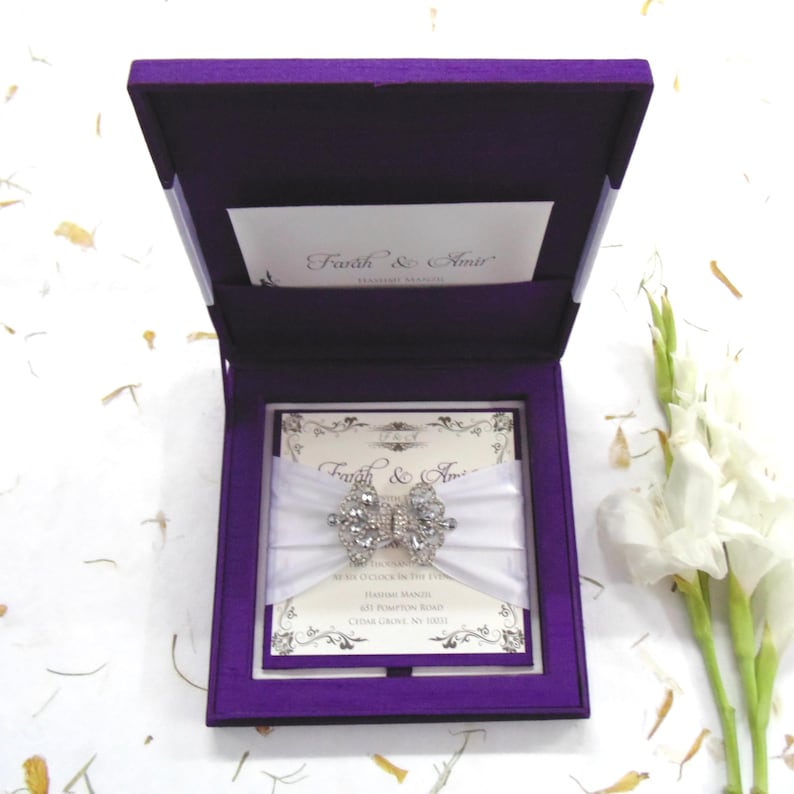 Purple Silk Wedding Invitation Box With Silver Brooch & White Satin ...