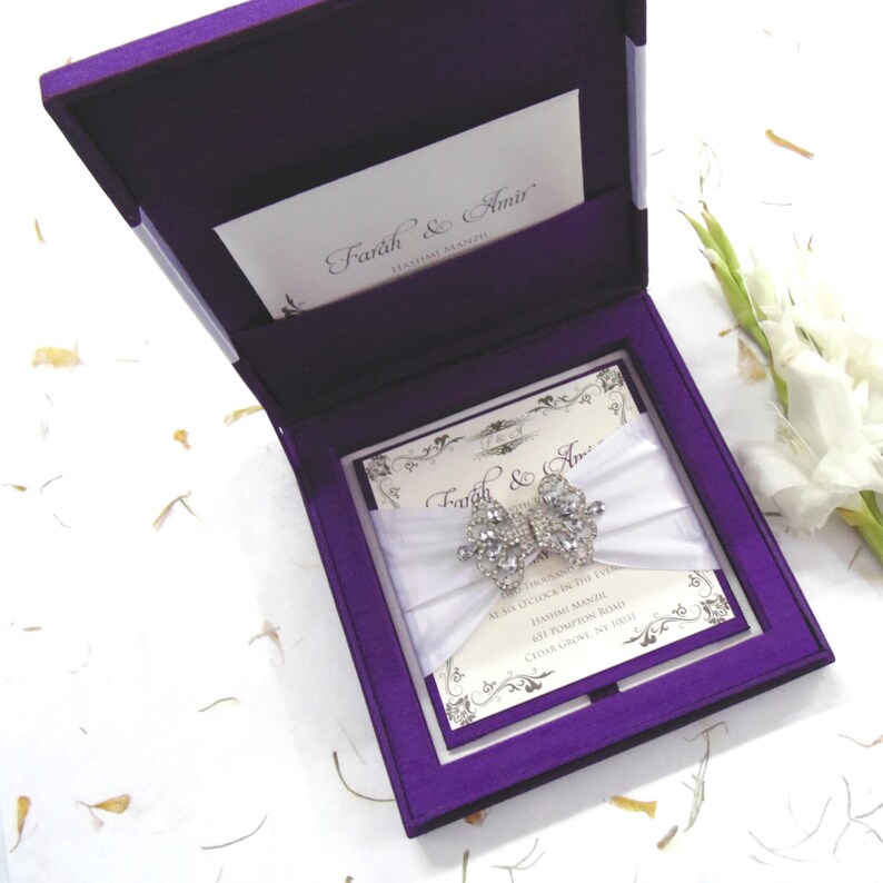 Purple Silk Wedding Invitation Box With Silver Brooch & White Satin ...