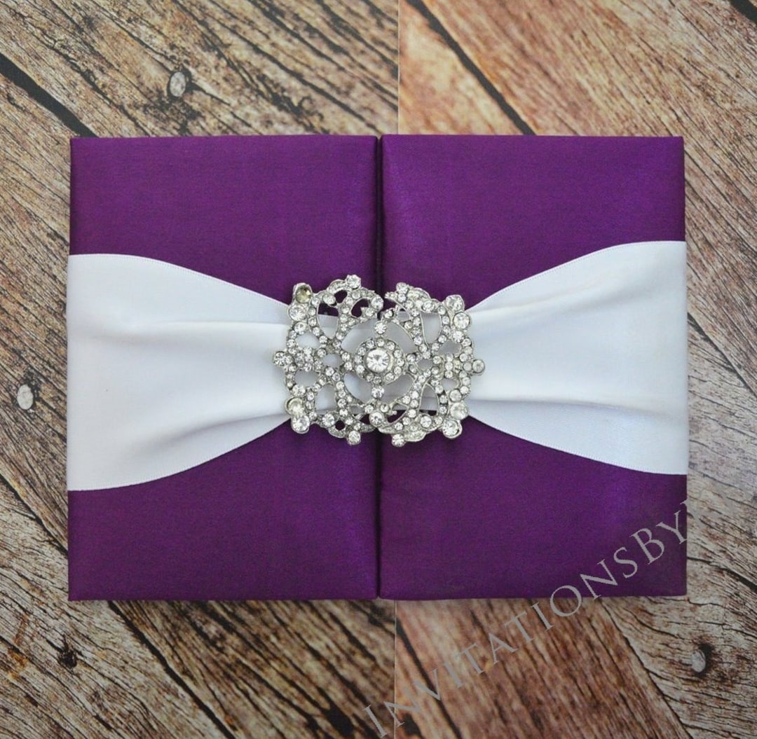 Purple Satin Folio Wedding Invitation: Hardcover Folio With Rhinestone ...