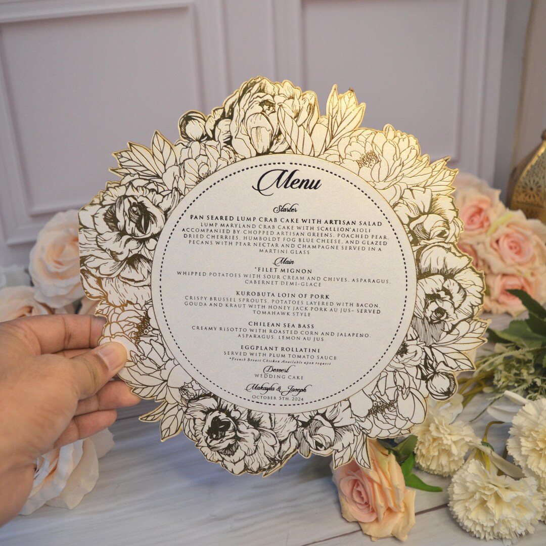 Gold Foil White Paper Dinner Menu - Laser Cut Designed Wedding Dinner ...