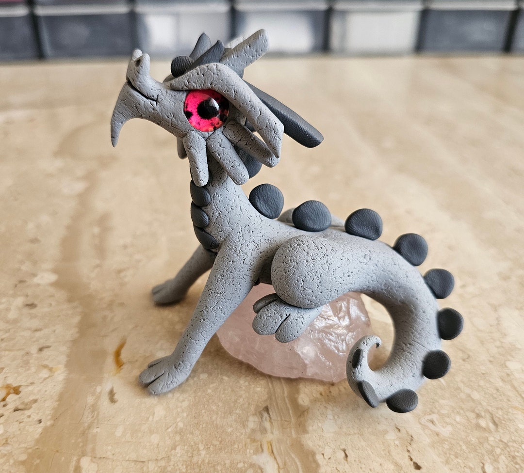 Stone Dragon Figurine Sitting on Pink Quartz, Fairy Garden Dragon ...