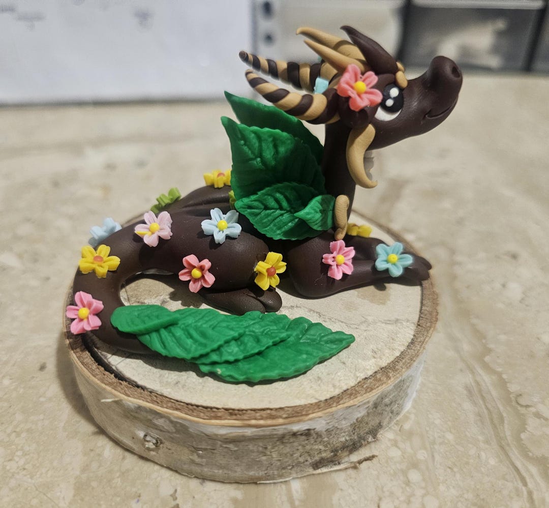 Spring Dragon Figurine on Wooden Base, Flower Dragon Sculpture ...