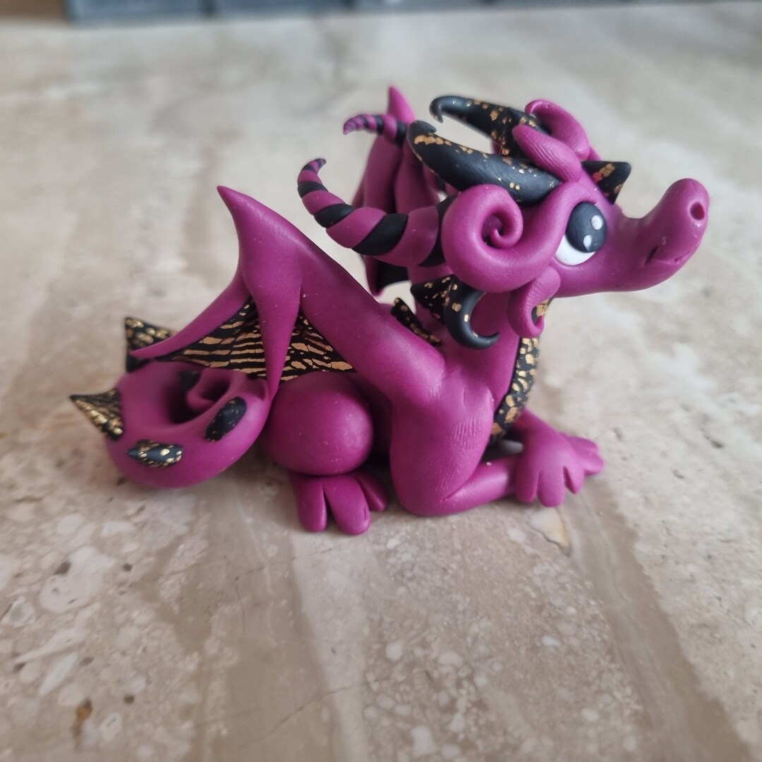 Dragon Figurine With Gold Leaf, Polymer Clay Dragon Sculpture, Handmade ...