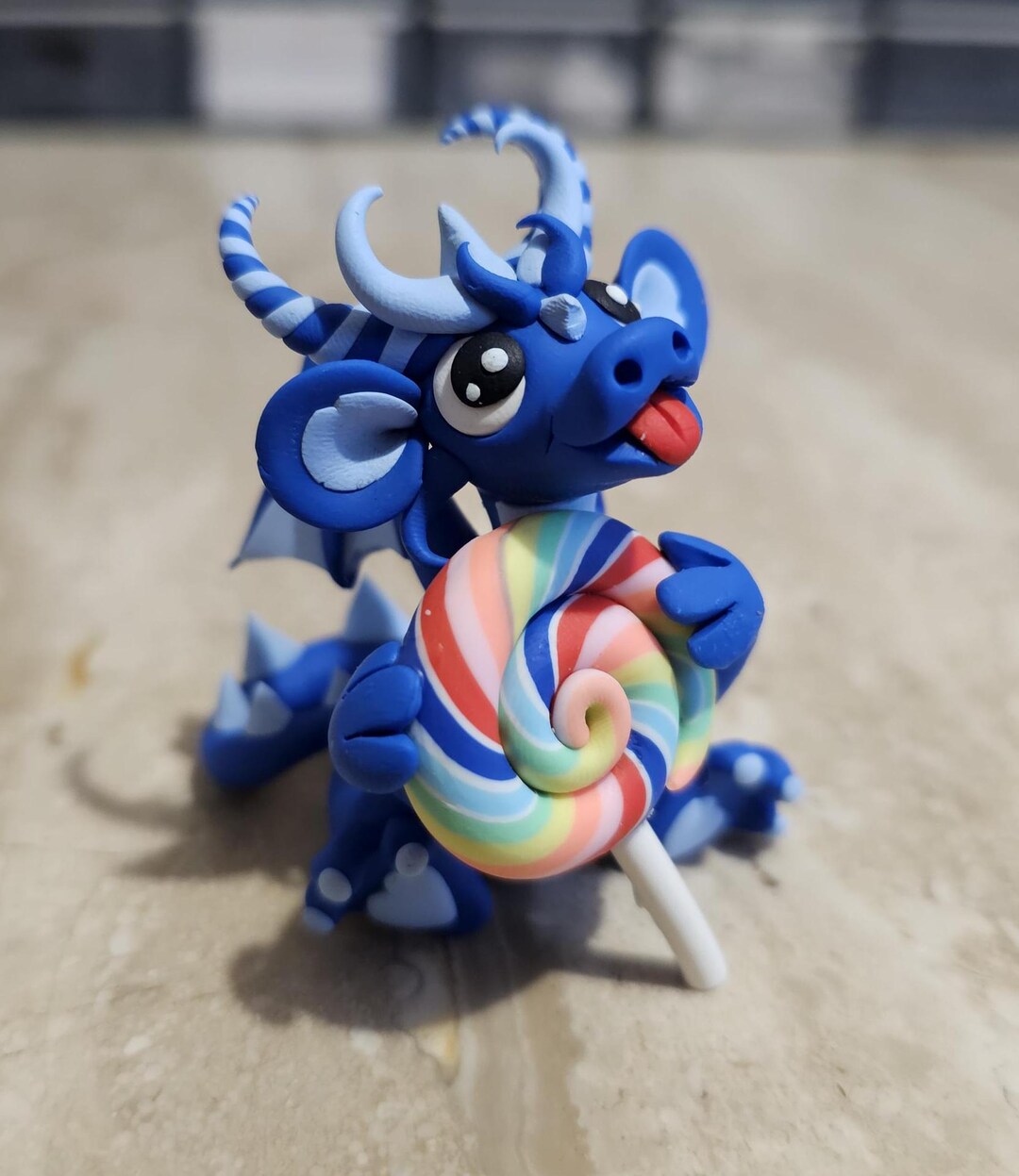 Cobald Blue Dragon With Lolliepop, Polymer Clay Dragon Figurine ...