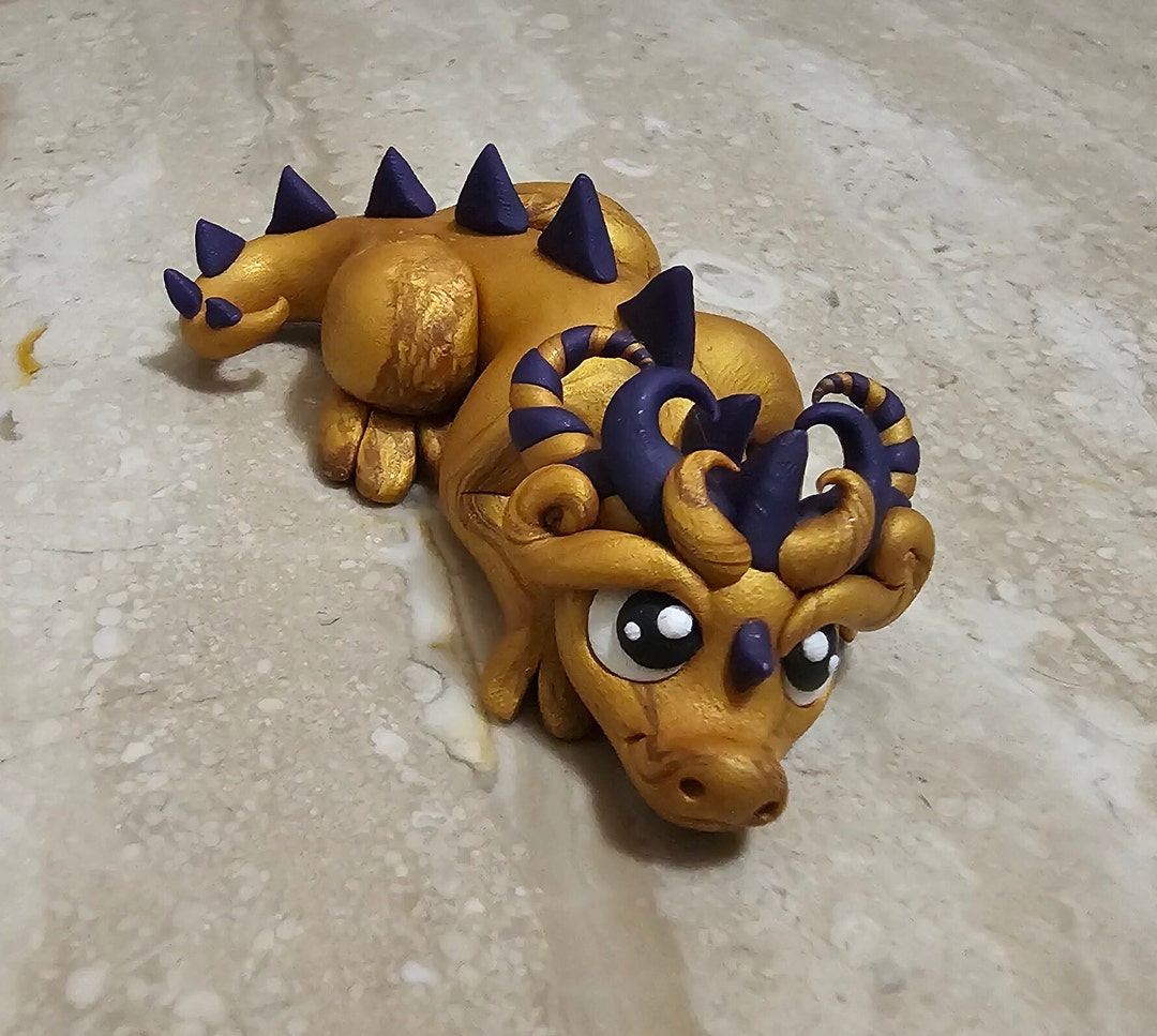 Golden Dragon Figurine, Polymer Clay Dragon Sculpture, Miniature Dragon ...