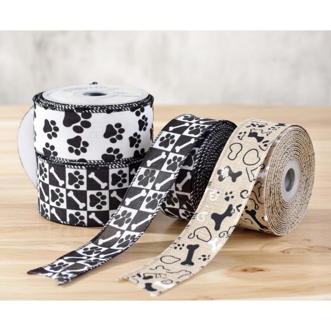 Wired Paw/bone Ribbon Black/white & Hessian 60mm - Etsy