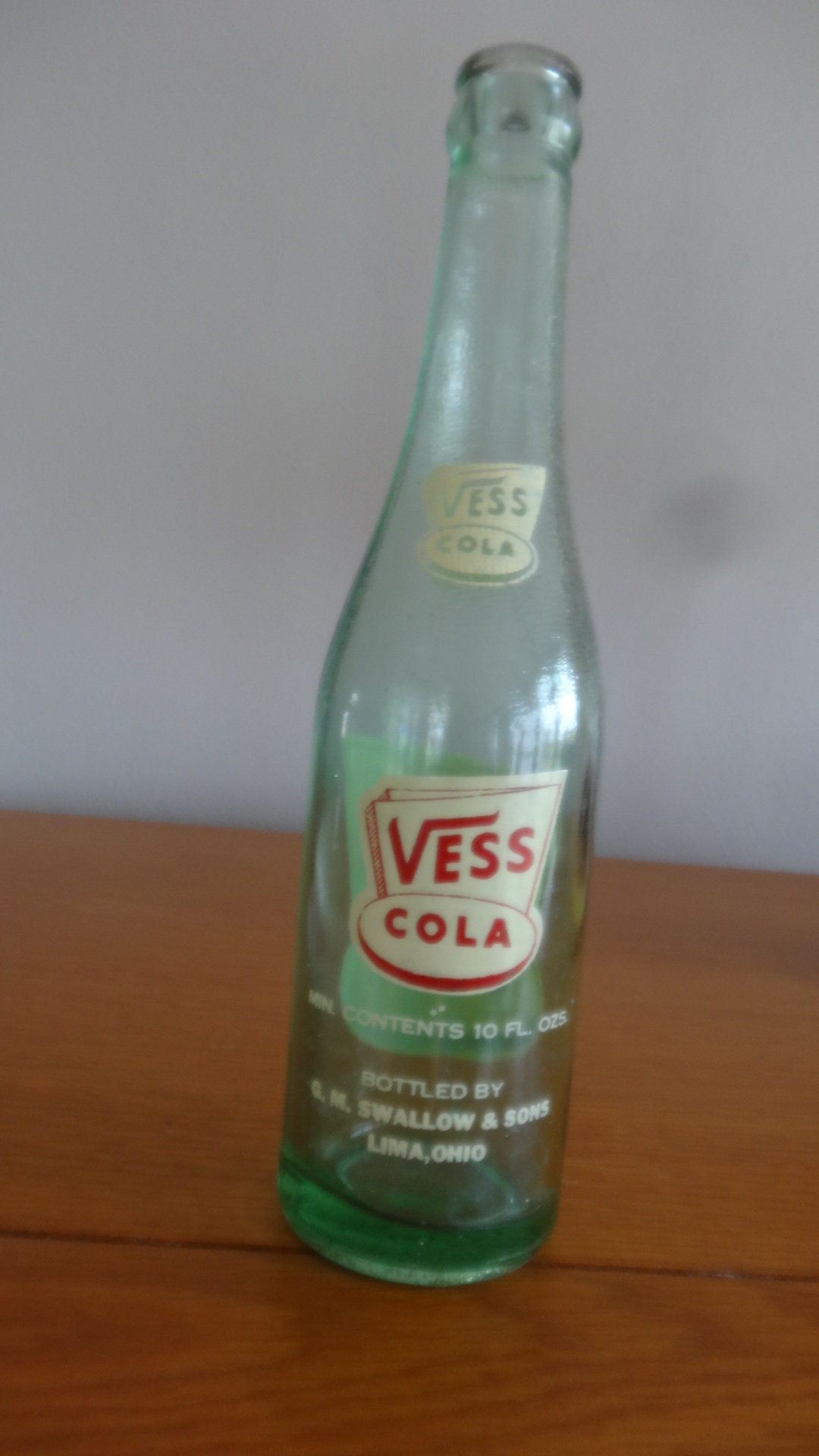 10 Oz. Green Glass Vess Cola Pop Bottle Swallow and Sons Bottling Lima ...