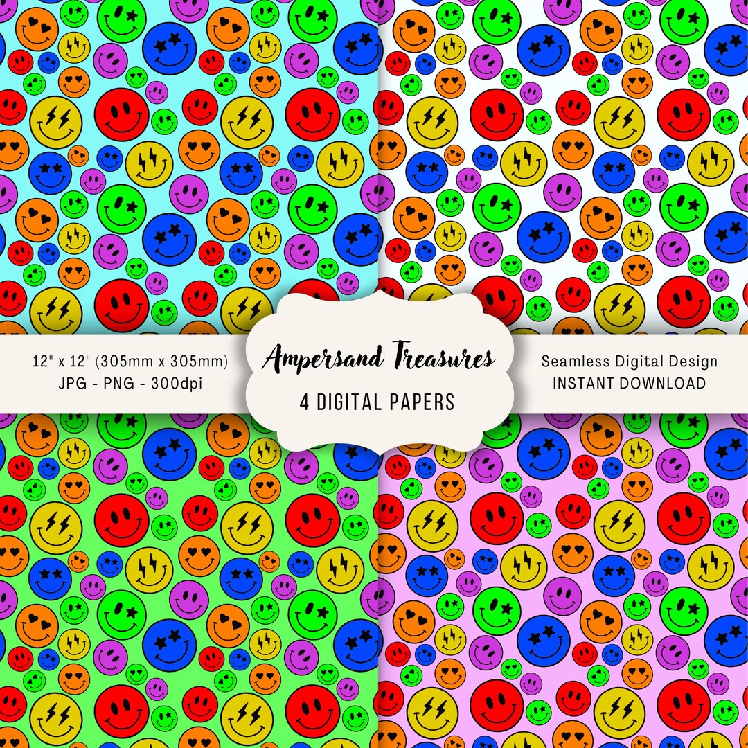 Retro Smiley Faces 4 Seamless Pattern Digital Paper Hand-drawn Bundle ...