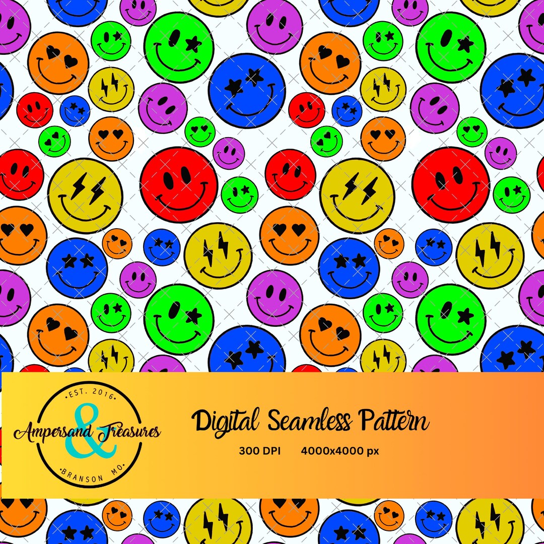 Retro Smiley Faces, White Background, Seamless Pattern, Digital Paper ...
