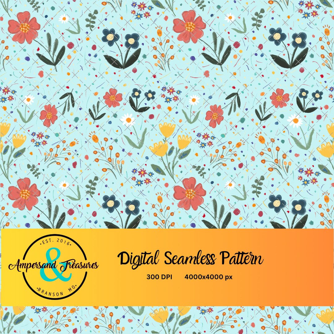 Boho Flowers Light Blue Background Chalkboard Seamless Pattern Digital ...