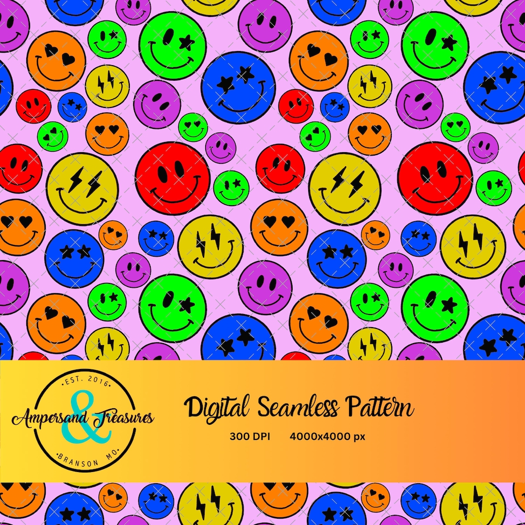Retro Smiley Faces, Pink Background, Seamless Pattern, Digital Paper ...