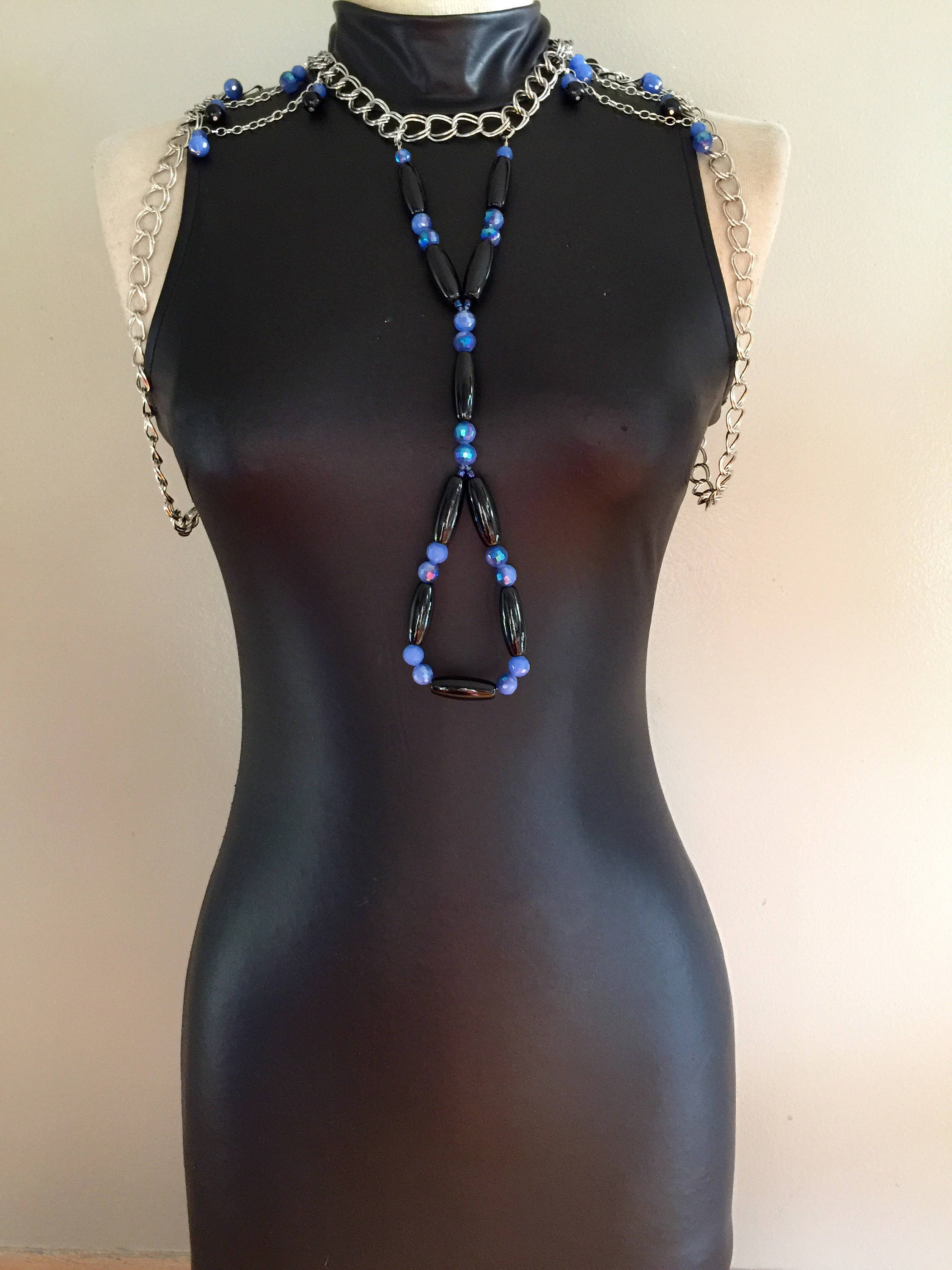 Body Chain, Neck and Shoulder Body Chain, Blue Beaded Body Chain, Agate ...