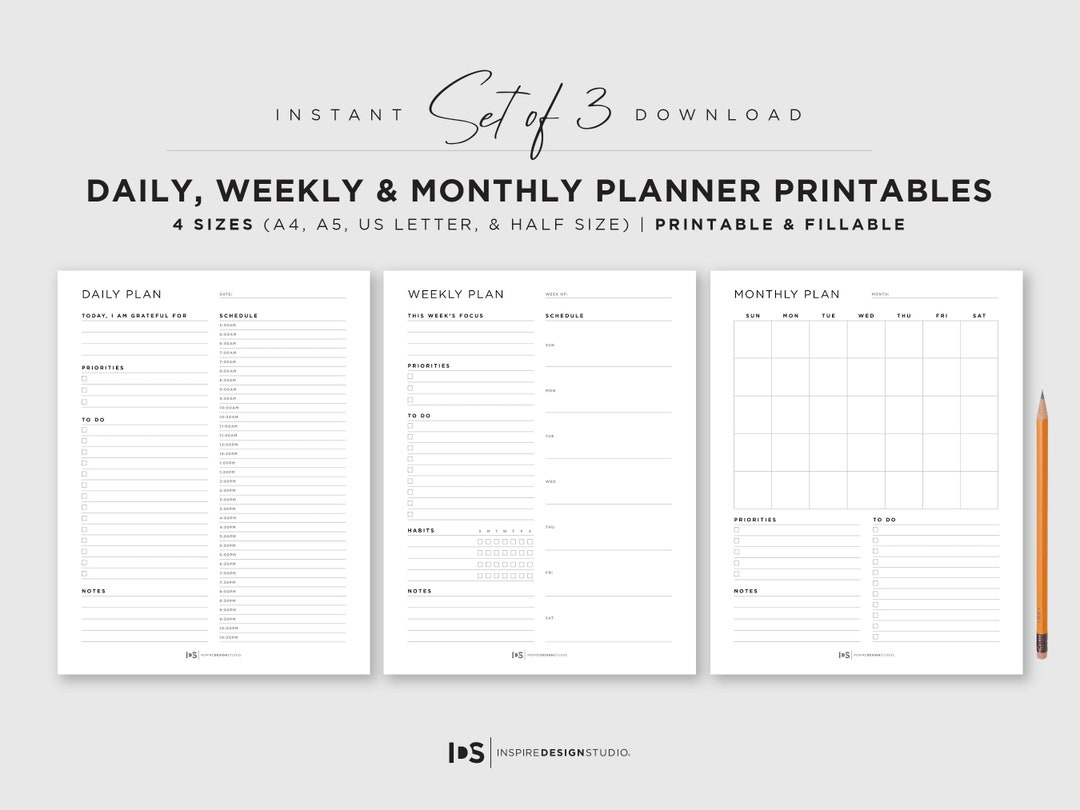 Daily Weekly Monthly Printable and Digital Planner Inserts, Set of 3 ...