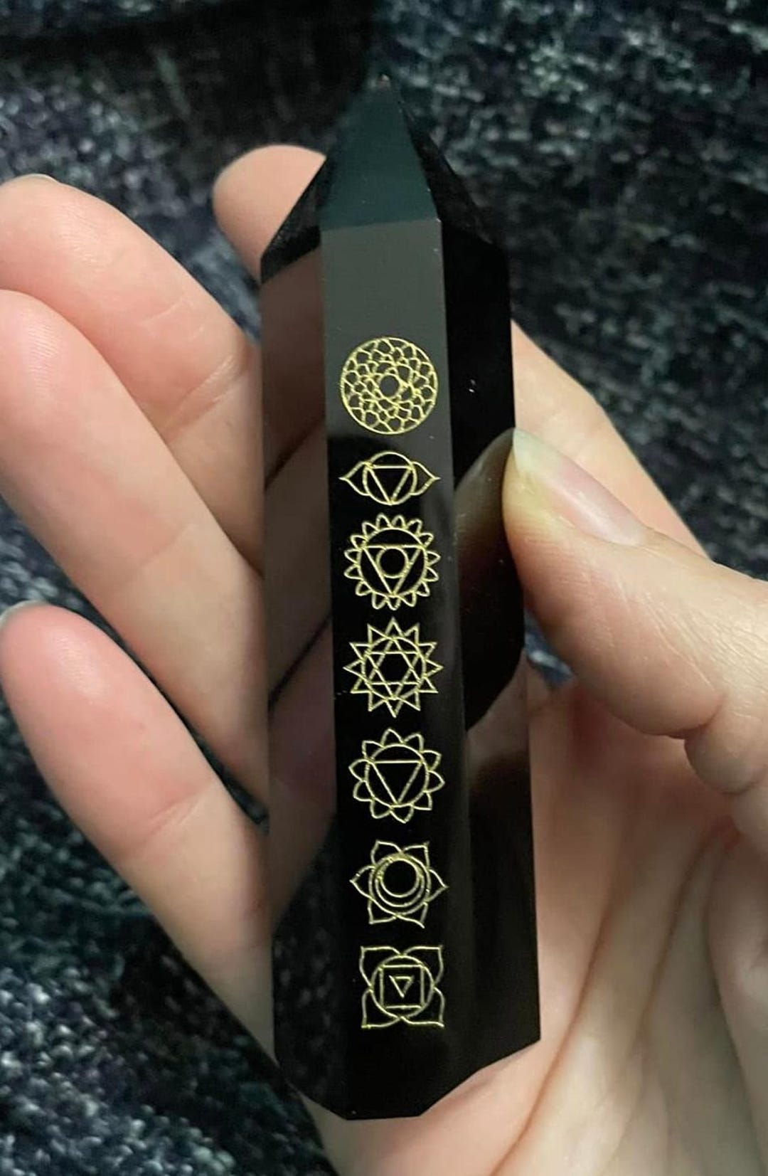 Obsidian Crystal Point, Obelisk, With Gold Chakra Symbols, All Natural ...
