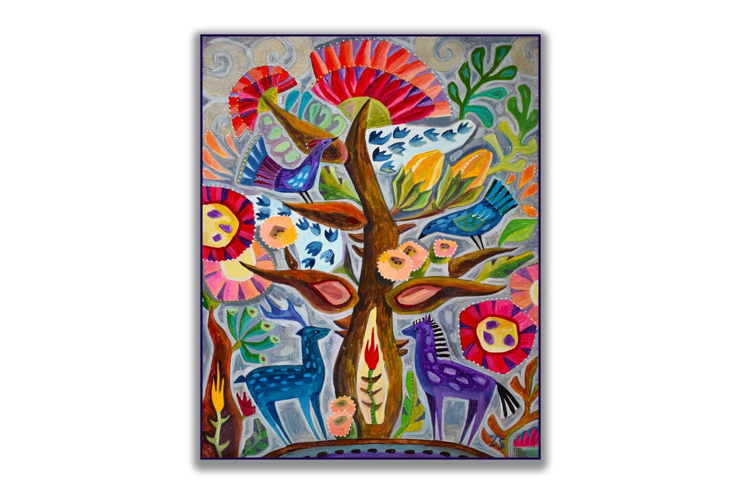 Mexican Folk Art Tree of Life Painting: Original Floral Canvas - Etsy
