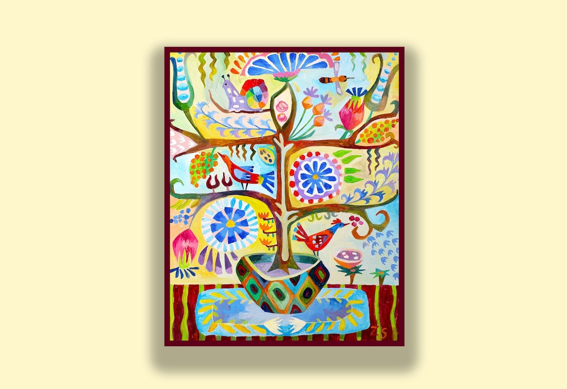 Tree of life folk art painting flowers original art painting | Etsy