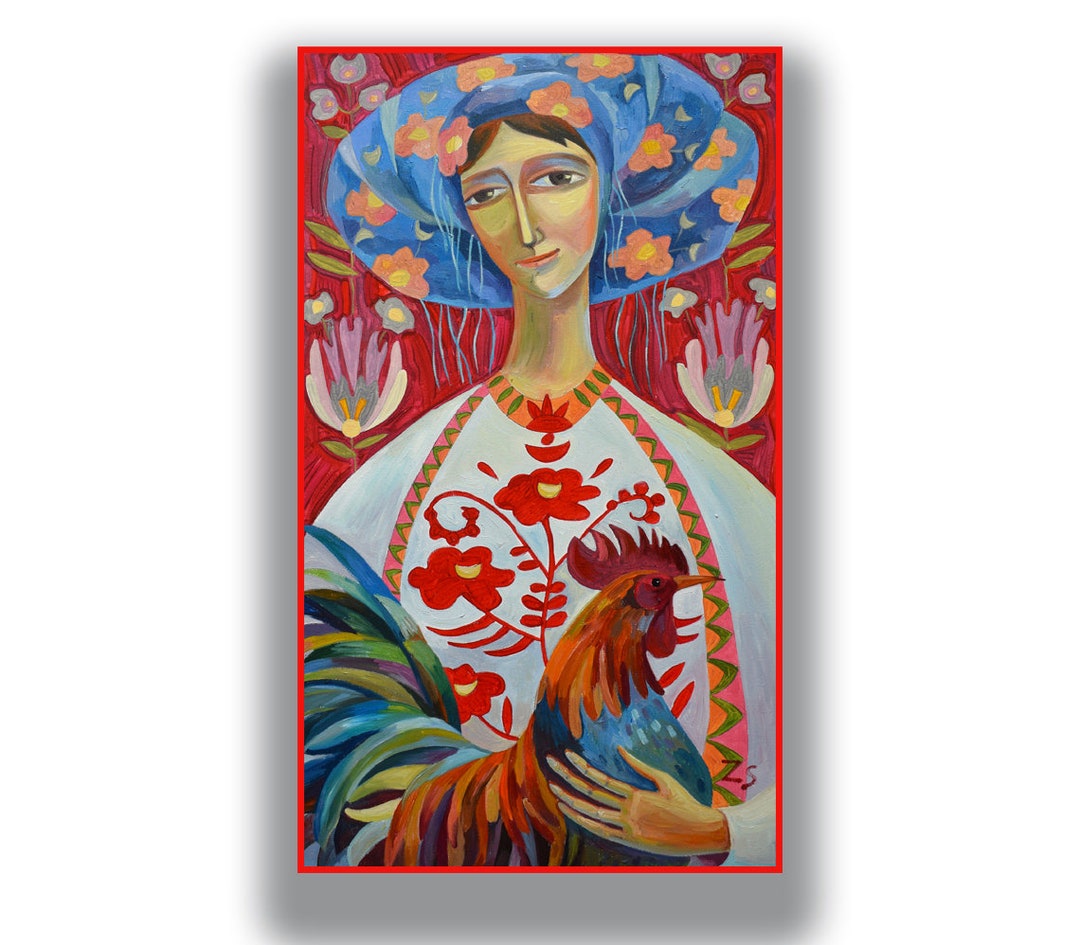 Mistress Village Rooster Painting Ukrainian Painting Ukrainian Artist Red Painting Ukrainian ...