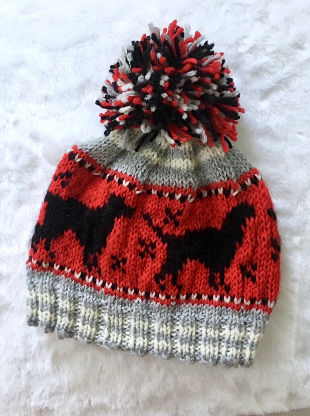 BLACK LAB Knitting Pattern, DOG Knitting Pattern, Fair Isle Pom Pom Hat ...