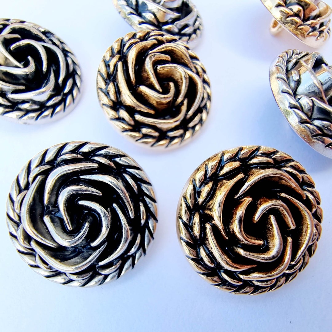 5 X Rose Flower Metal Buttons – 2 Colours - Gold / Silver 18mm, Shank ...